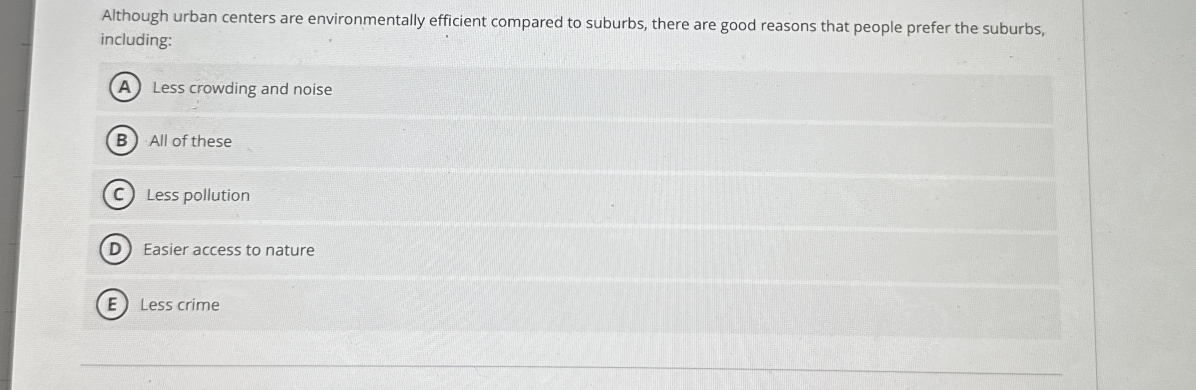Solved Although urban centers are environmentally efficient | Chegg.com