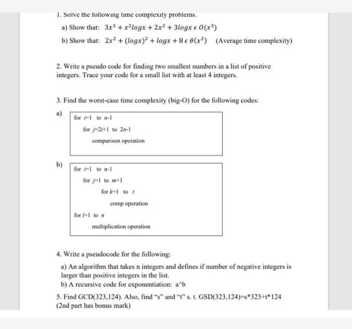 Solved 1. Solve the tollowing time complexity problems. a) | Chegg.com