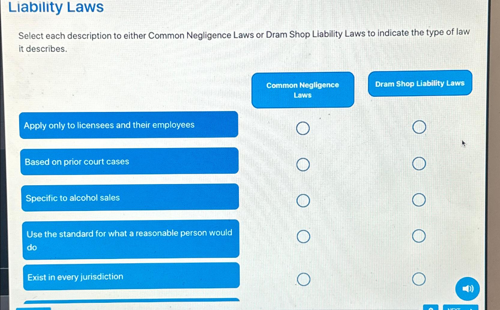 Solved Liability LawsSelect each description to either | Chegg.com