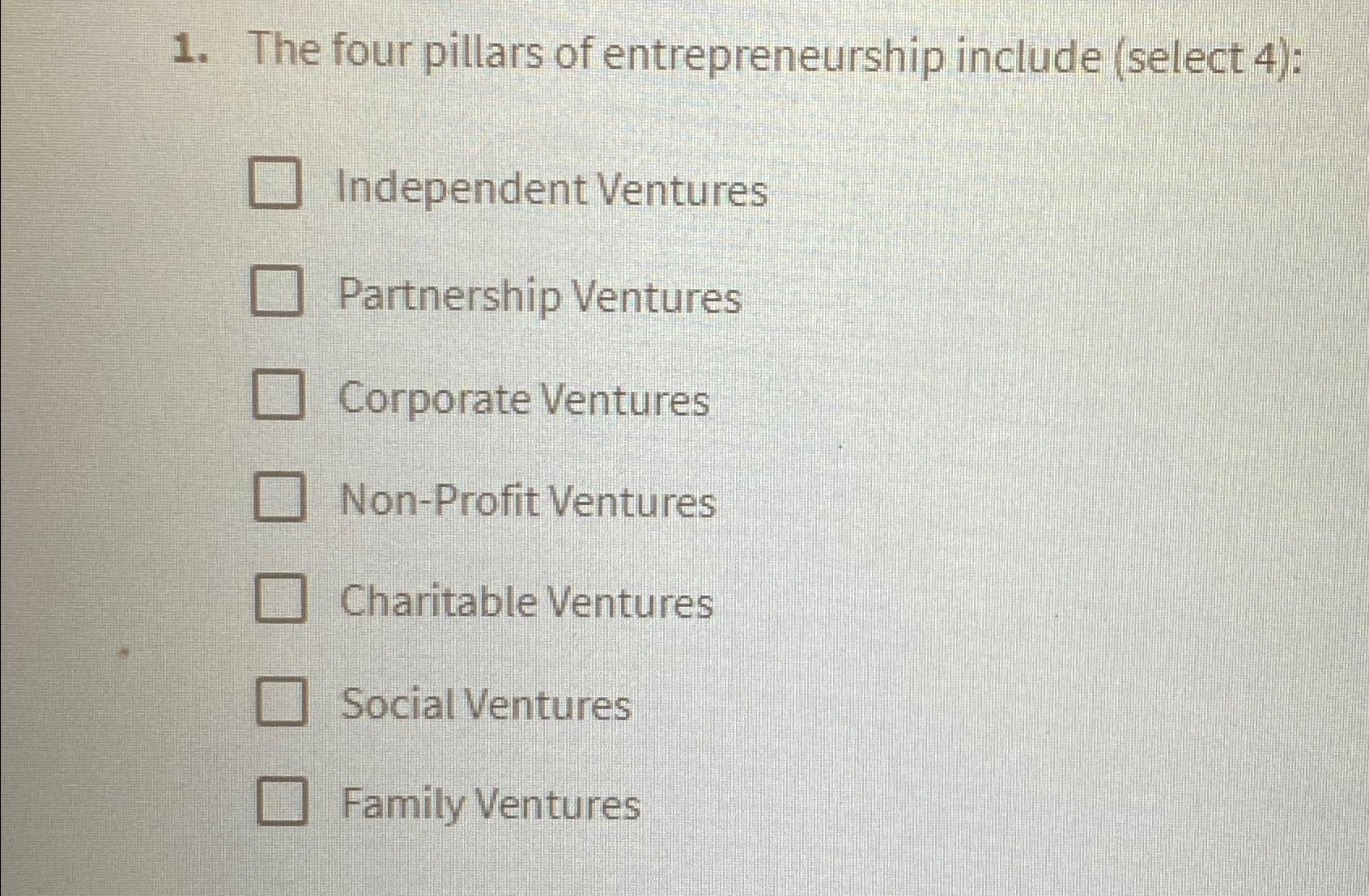 Solved The four pillars of entrepreneurship include (select | Chegg.com