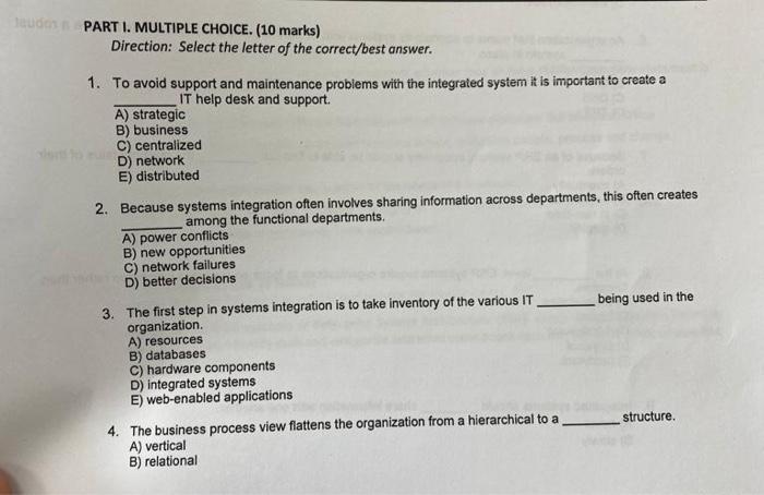 Solved PART I. MULTIPLE CHOICE. ( 10 marks) Direction: | Chegg.com