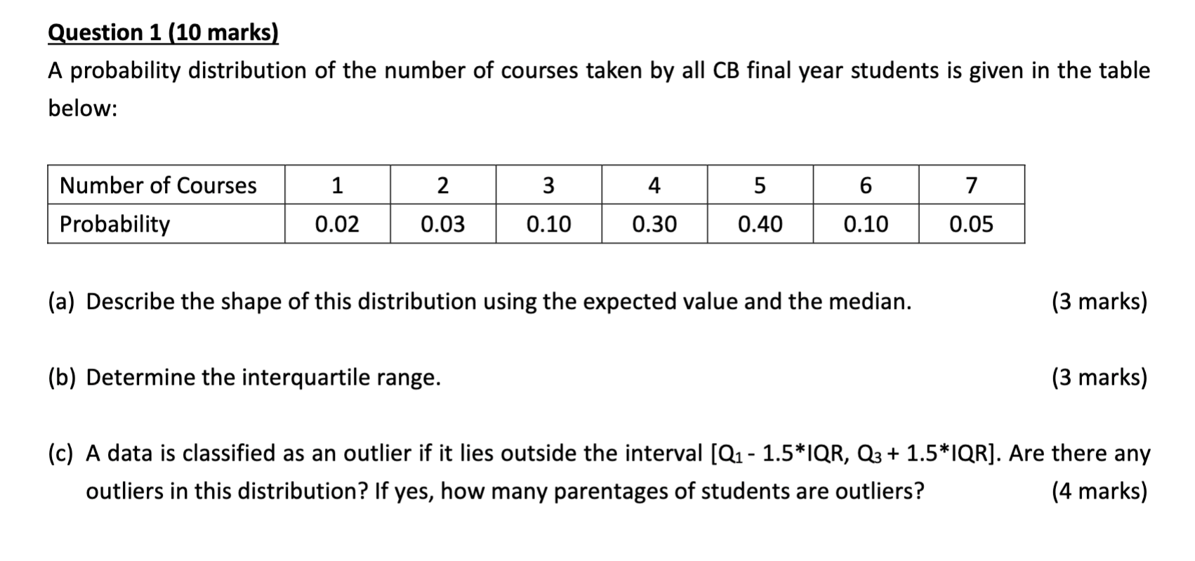 Solved Question 1 (10 ﻿marks)A probability distribution of | Chegg.com