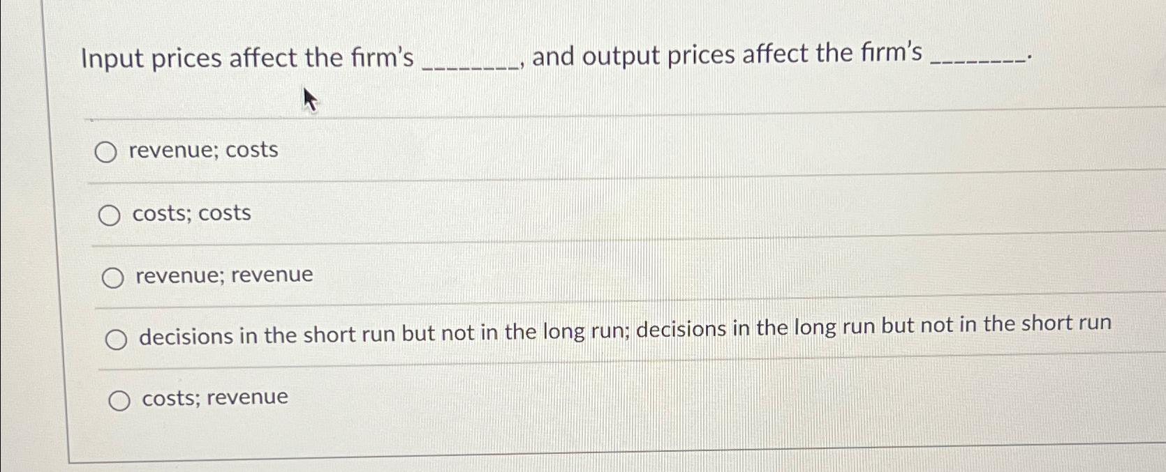 Solved Input prices affect the firm's and output prices | Chegg.com
