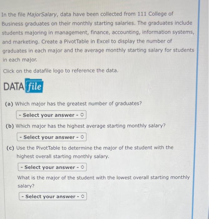 in the file MajorSalary, data have been collected | Chegg.com