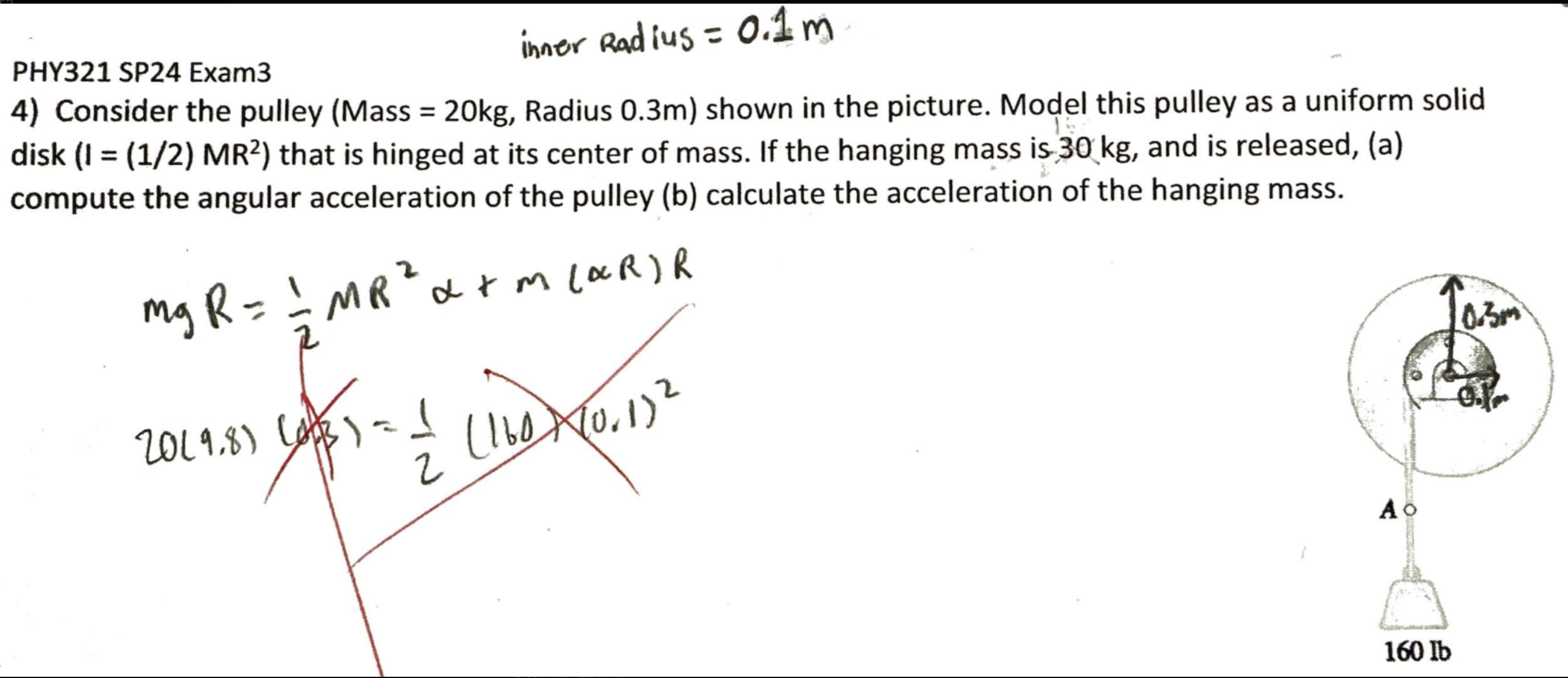 Solved inner Radius =0.1m=20kg, ﻿Radius 0.3 m (I=(12)MR2) | Chegg.com