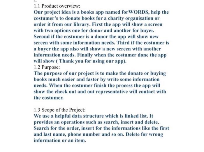 Solved 1.1 Product overview: Our project idea is a books app | Chegg.com