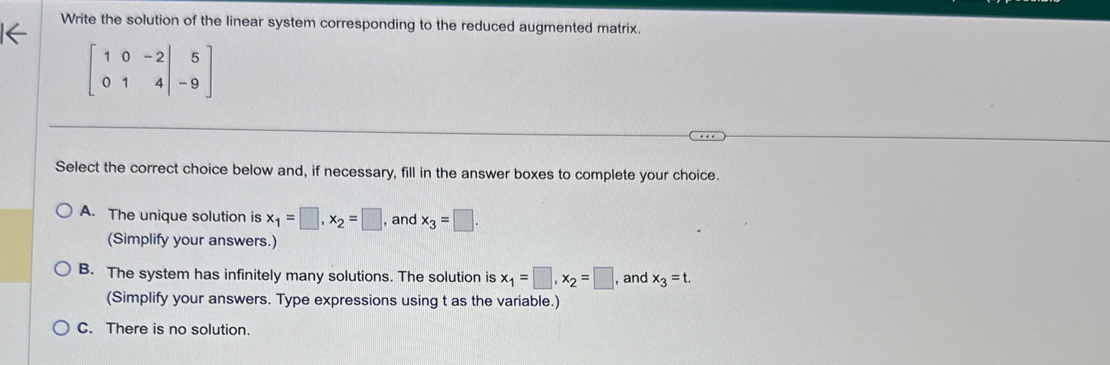 Solved Write the solution of the linear system corresponding | Chegg.com