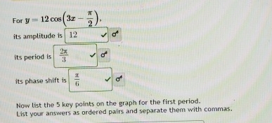 Solved For y=12cos(3x-π2), ﻿its amplitude isits period isits | Chegg.com