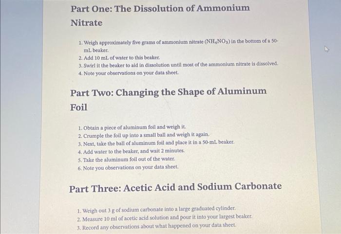 Solved Part One: The Dissolution of Ammonium Nitrate 1. | Chegg.com