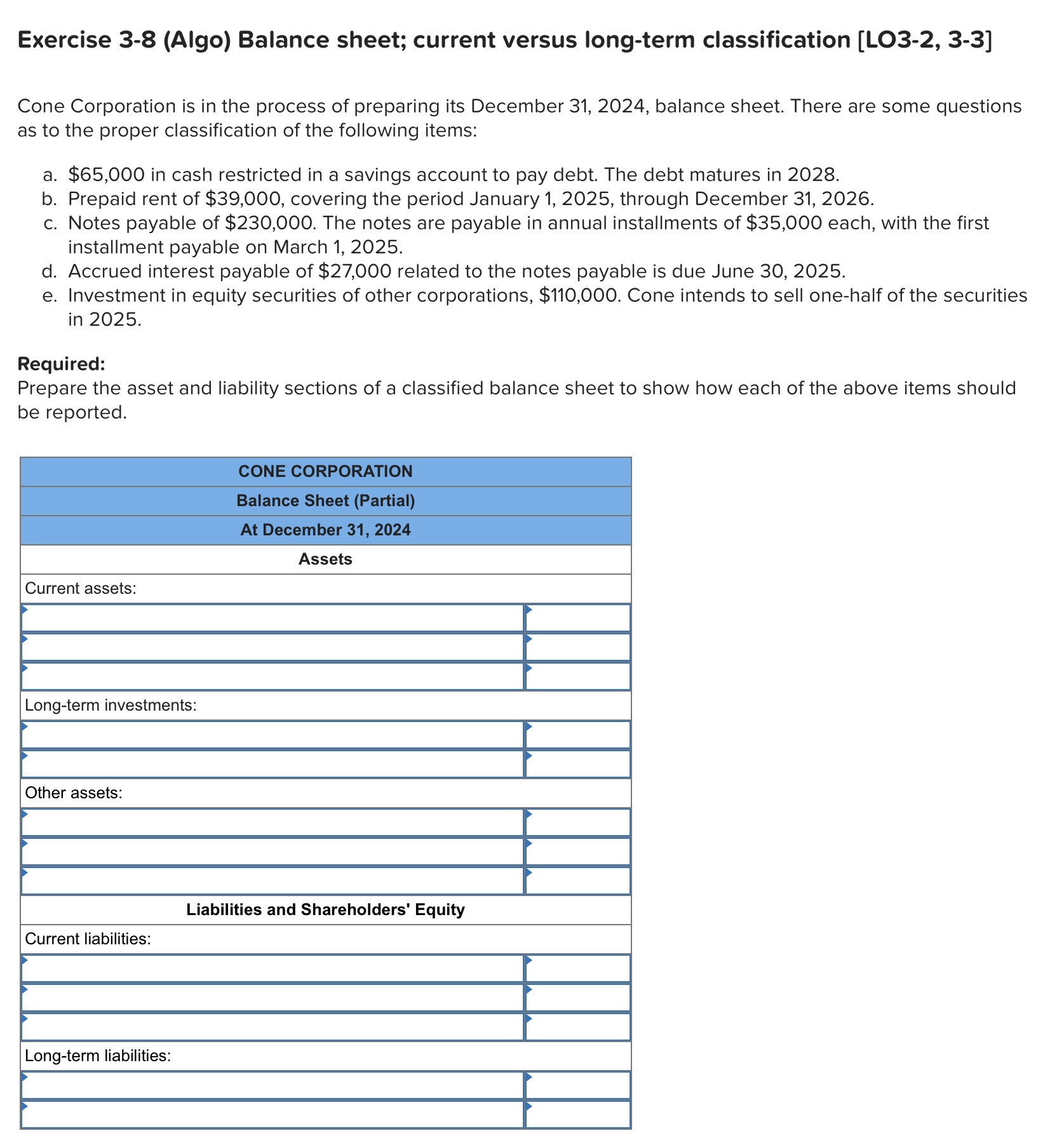 Solved Exercise 3-8 (Algo) ﻿Balance sheet; current versus | Chegg.com