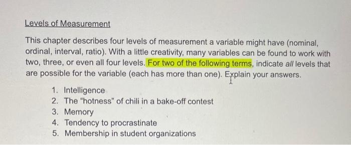 Solved Levels of Measurement This chapter describes four | Chegg.com