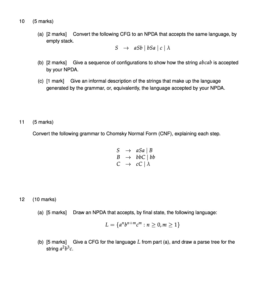 Solved (a) [2 ﻿marks] ﻿Convert the following CFG to an NPDA | Chegg.com