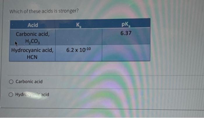 Solved Which of these acids is stronger? Carbonic acid | Chegg.com