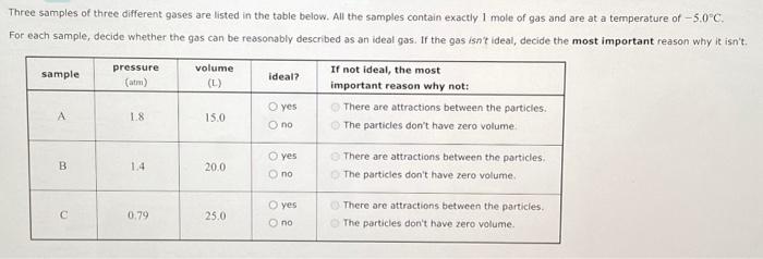 Solved Three samples of three different gases are listed in | Chegg.com