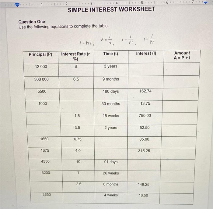 Solved 67 1 2 3 4 5 SIMPLE INTEREST WORKSHEET Question One | Chegg.com