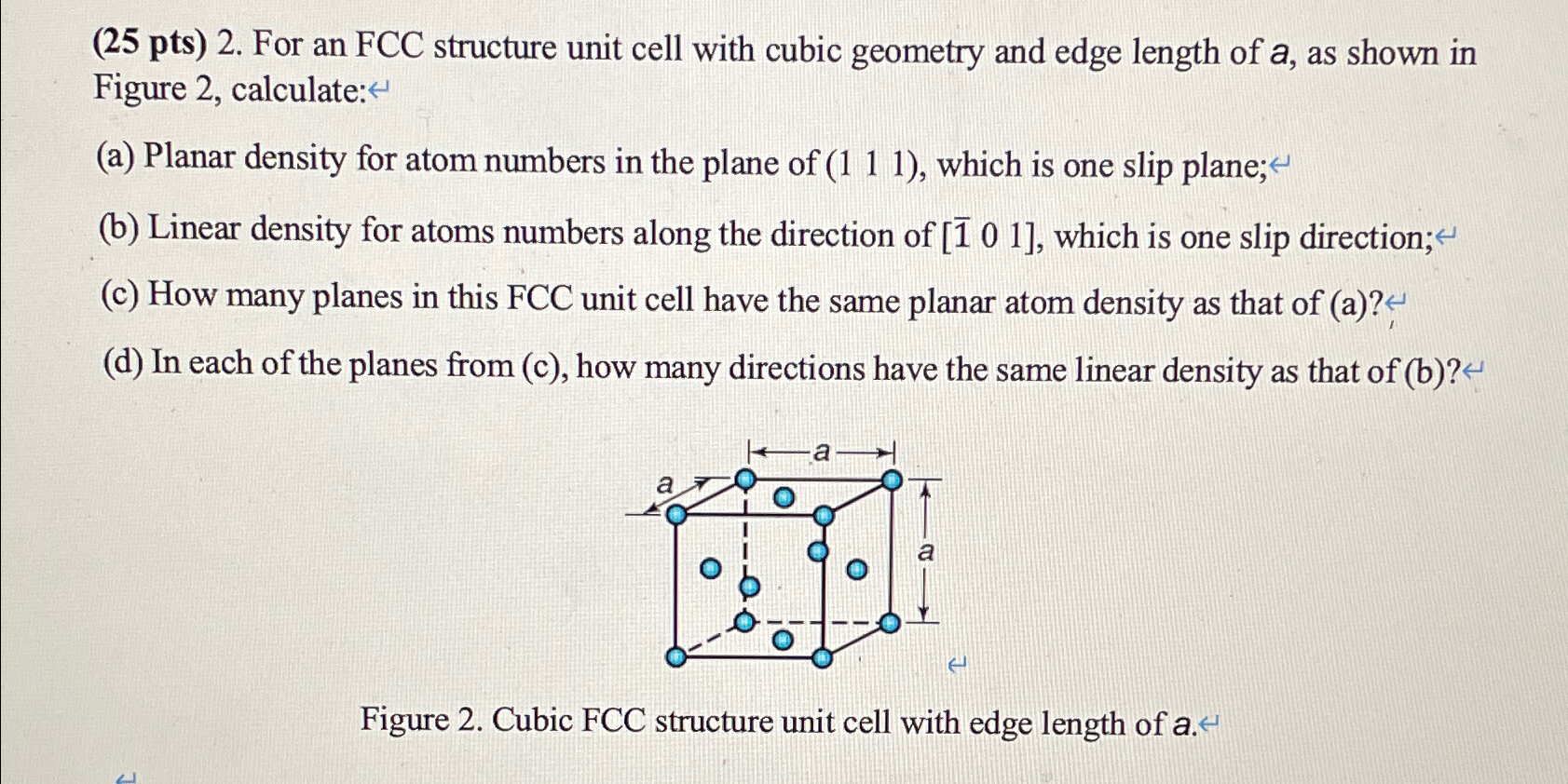 Solved (25 ﻿pts) 2. ﻿For an FCC structure unit cell with | Chegg.com