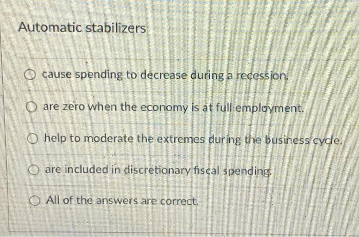 Solved Automatic stabilizers cause spending to decrease | Chegg.com
