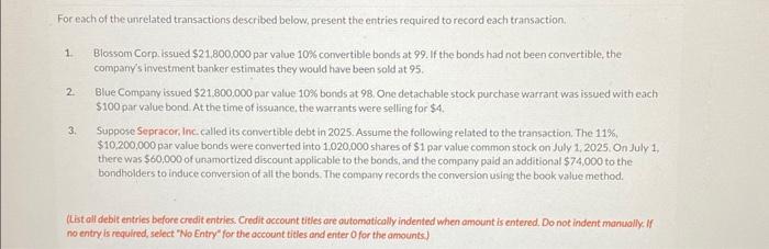 Solved For each of the unrelated transactions described | Chegg.com