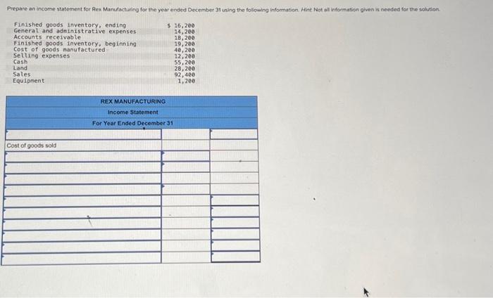 Solved Prepare an income statement for Rex Manufacturing for | Chegg.com