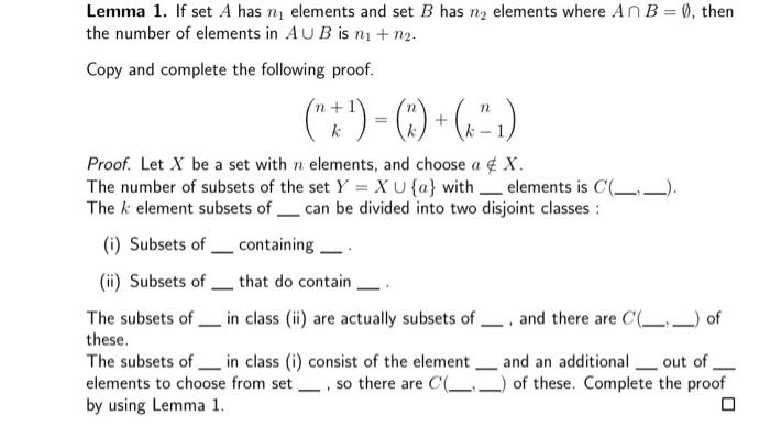 Solved Lemma 1 . If set A has n1 elements and set B has n2 | Chegg.com