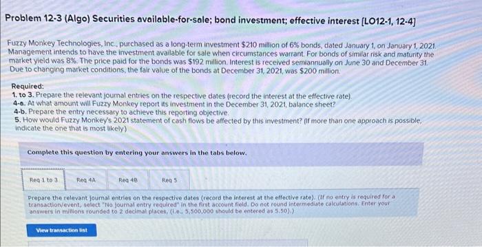 Solved Problem 12-3 (Algo) Securities available-for-sale; | Chegg.com
