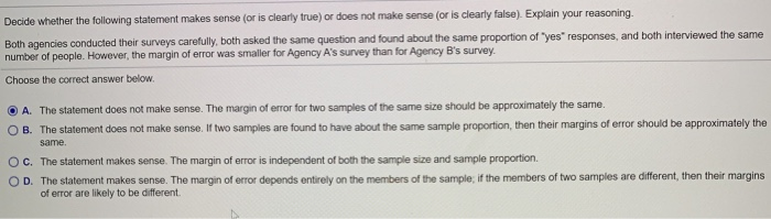 Solved Decide whether the following statement makes sense | Chegg.com