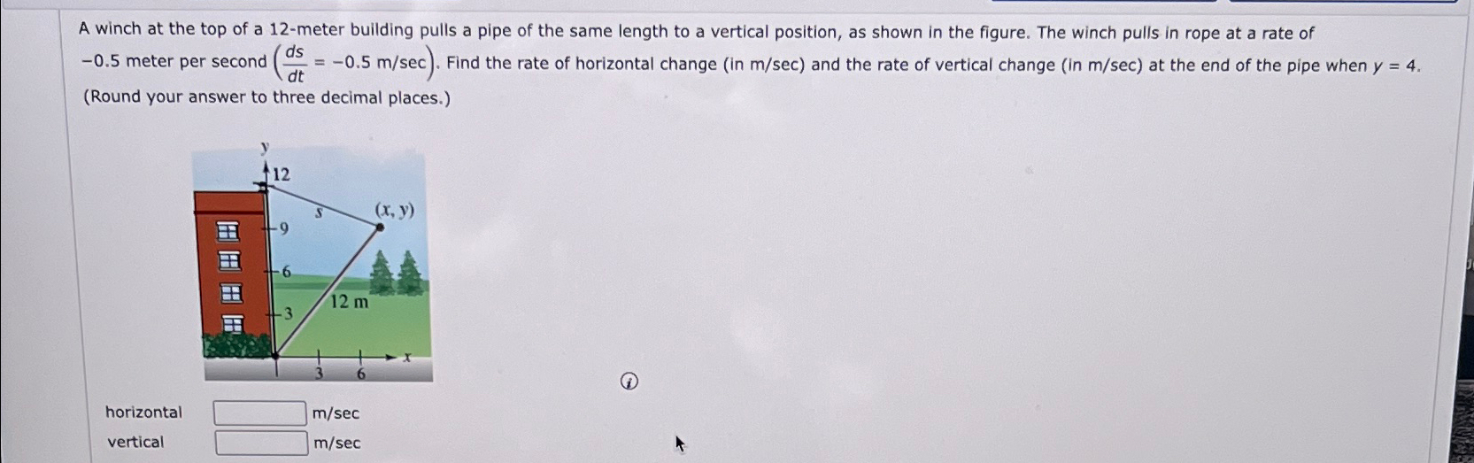Solved A winch at the top of a 12-meter building pulls a | Chegg.com