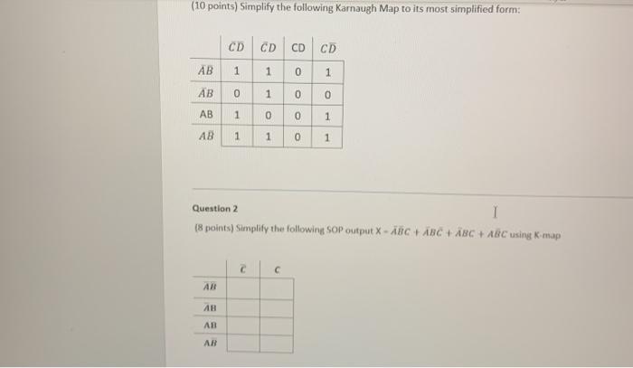 Solved (10 points) Simplify the following Karnaugh Map to | Chegg.com