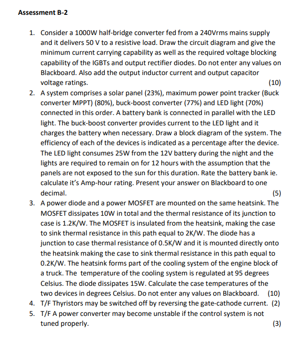 Solved Assessment B-2 1. ﻿Consider a 1000 ﻿W half-bridge | Chegg.com