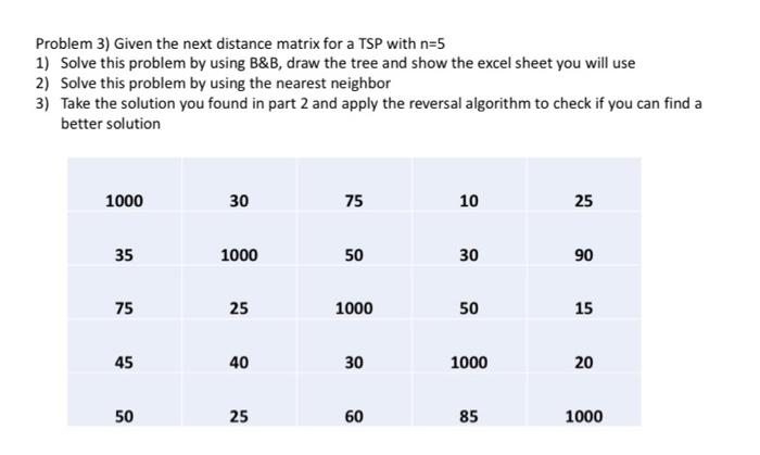 Solved Problem 3) Given the next distance matrix for a TSP | Chegg.com