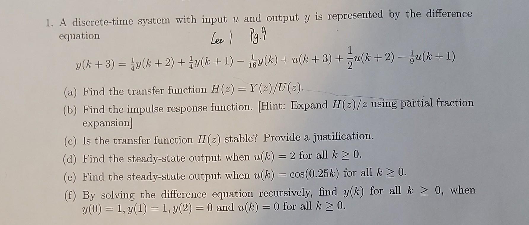 Solved 1. A discrete-time system with input u and output y | Chegg.com