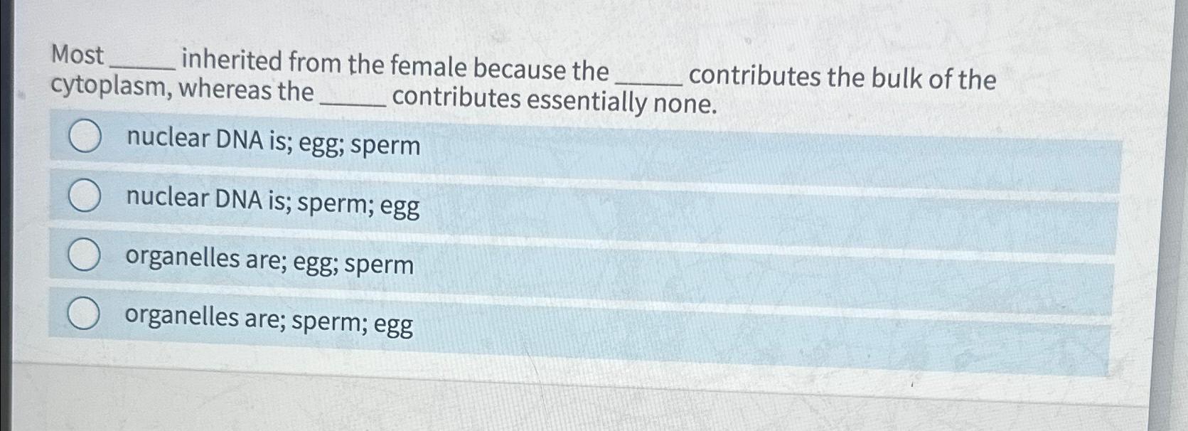 Solved Most inherited from the female because the | Chegg.com
