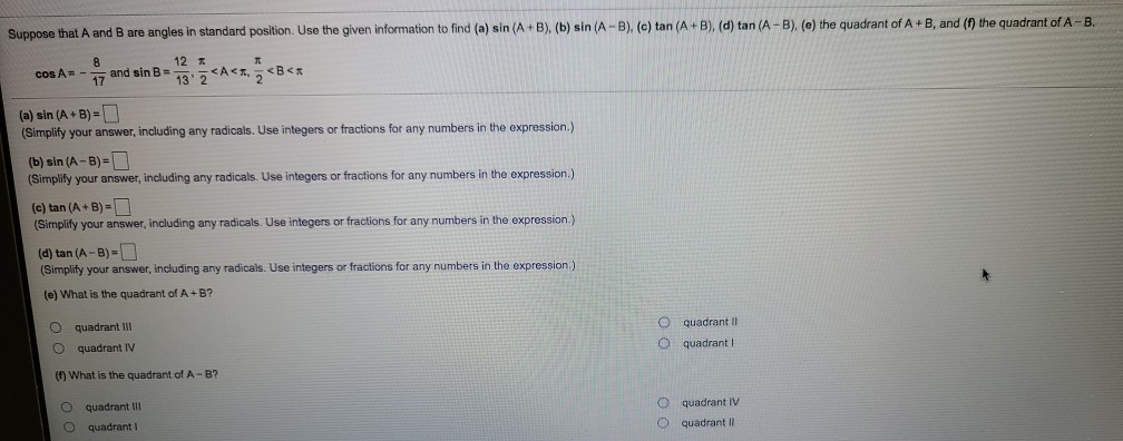 Solved Suppose that A and B are angles in standard position. | Chegg.com