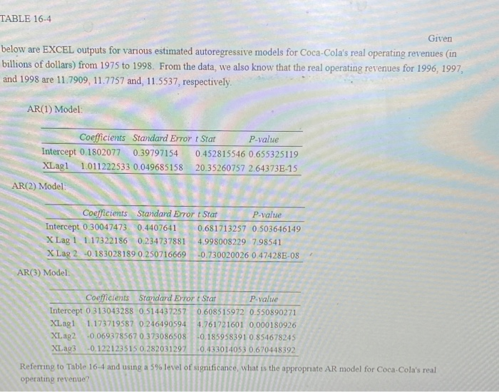 Solved TABLE 16-4 Given below are EXCEL outputs for various | Chegg.com