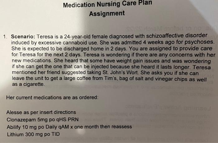 Solved Medication Nursing Care Plan Assignment Sosed to no | Chegg.com