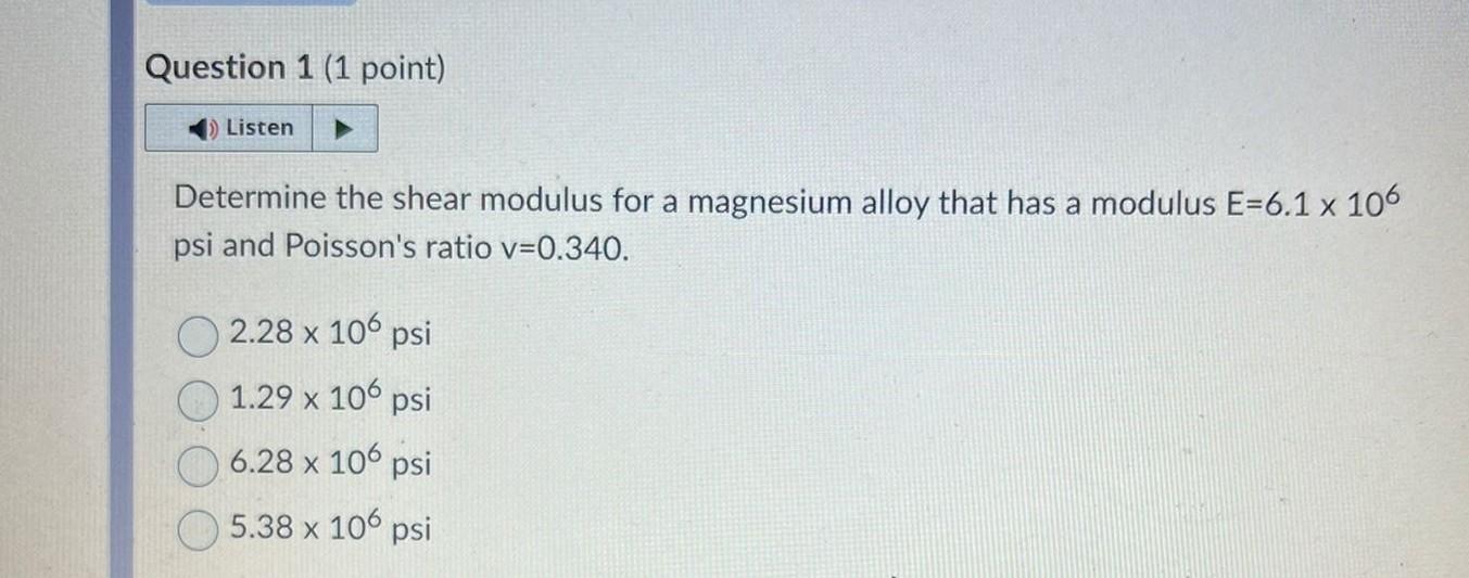 Solved Determine the shear modulus for a magnesium alloy | Chegg.com