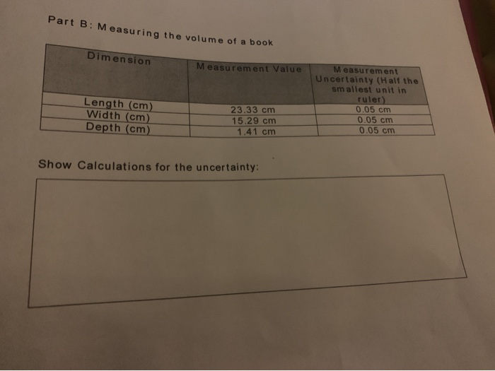 Solved Part B: Measuring the volume of a book Dimension | Chegg.com