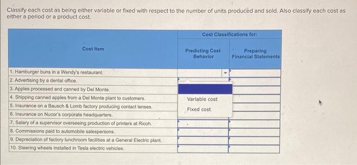Solved Classify each cost as being either variable or fixed | Chegg.com