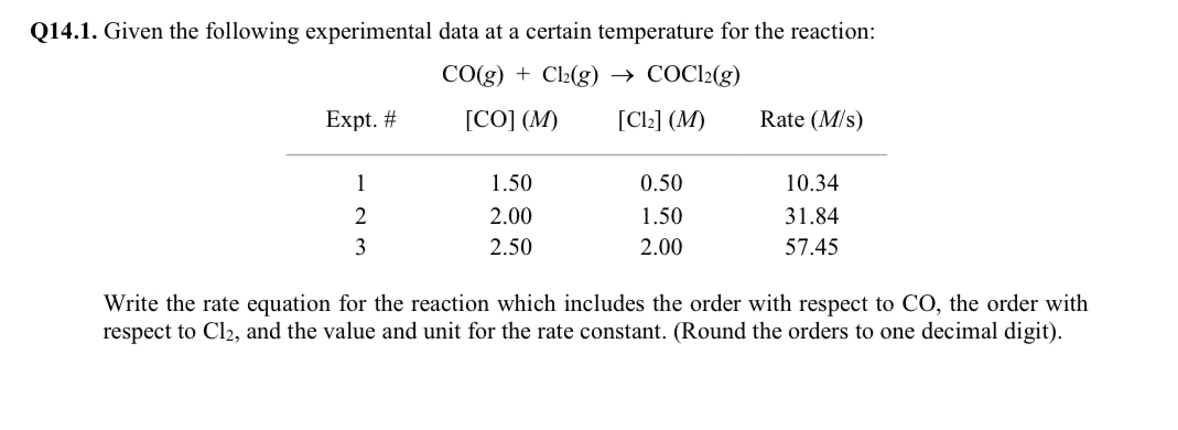 Solved Q14.1. ﻿Given the following experimental data at a | Chegg.com