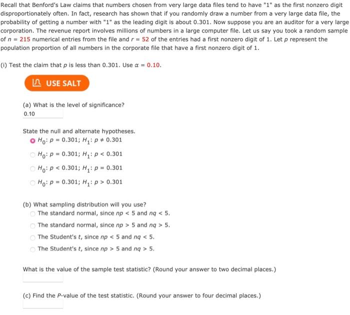 Solved ecall that Benford's Law claims that numbers chosen | Chegg.com