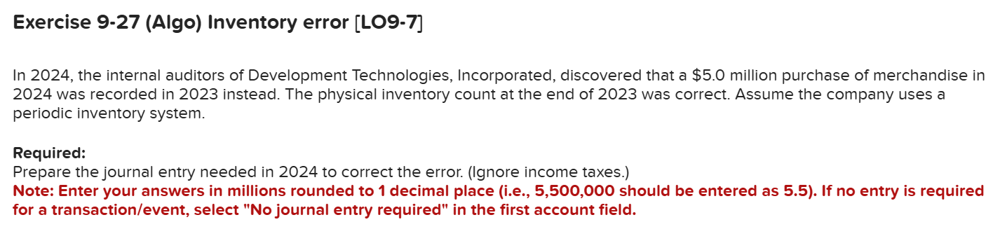 Solved Exercise 9-27 (Algo) ﻿Inventory error [LO9-7] ﻿In | Chegg.com