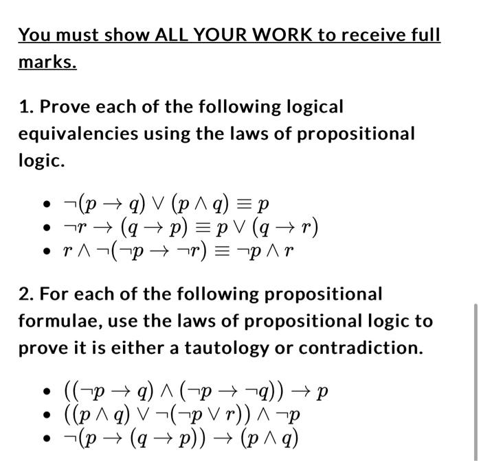 Solved You must show ALL YOUR WORK to receive full marks. 1. | Chegg.com