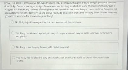 Solved Grover is a sales representative for Awon Products | Chegg.com