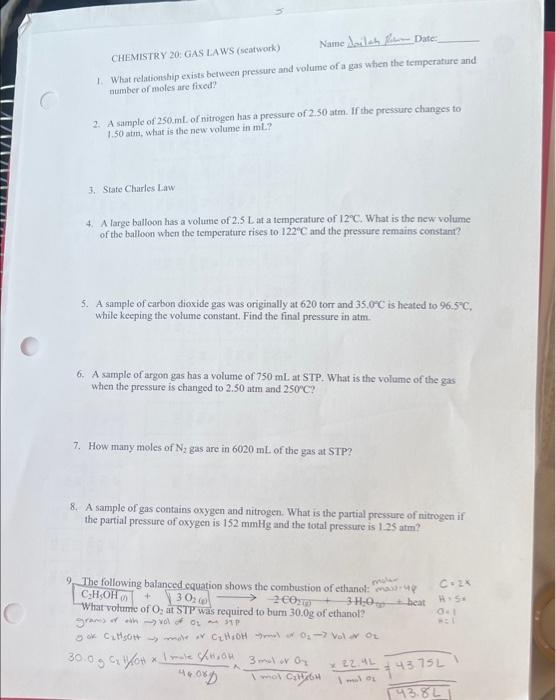 Solved CHEMISTRY 20: GAS LAWS (seatwork) Name Doilth fle- | Chegg.com