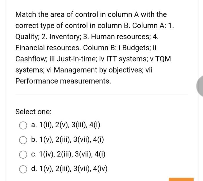 Solved Match the area of control in column A with the | Chegg.com