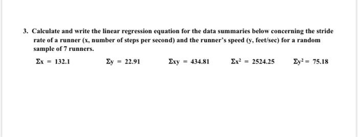 Solved 3. Calculate and write the linear regression equation | Chegg.com