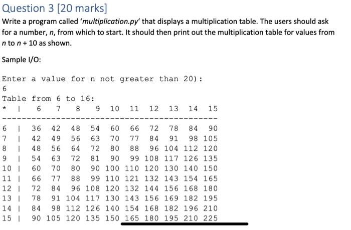 Solved Python program that prints a multiplication tables | Chegg.com