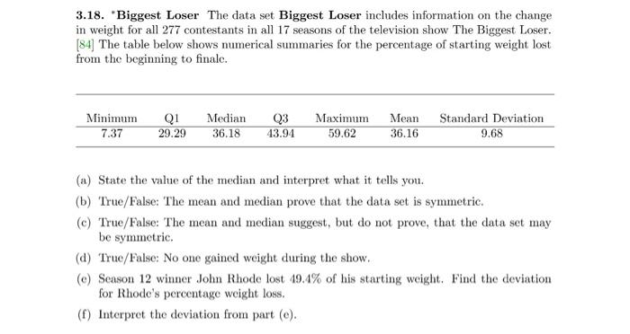 Solved 3.18. 'Biggest Loser The data set Biggest Loser | Chegg.com