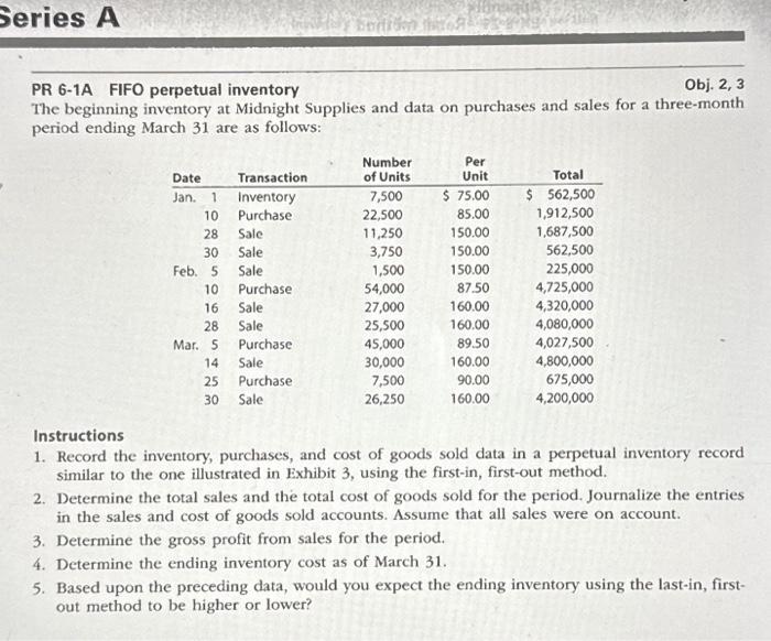 Solved PR 6-1A FIFO perpetual inventory Obj. 2, 3 The | Chegg.com