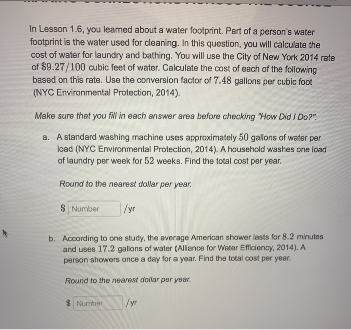 Solved In Lesson 1.6, you learned about a water footprint. | Chegg.com